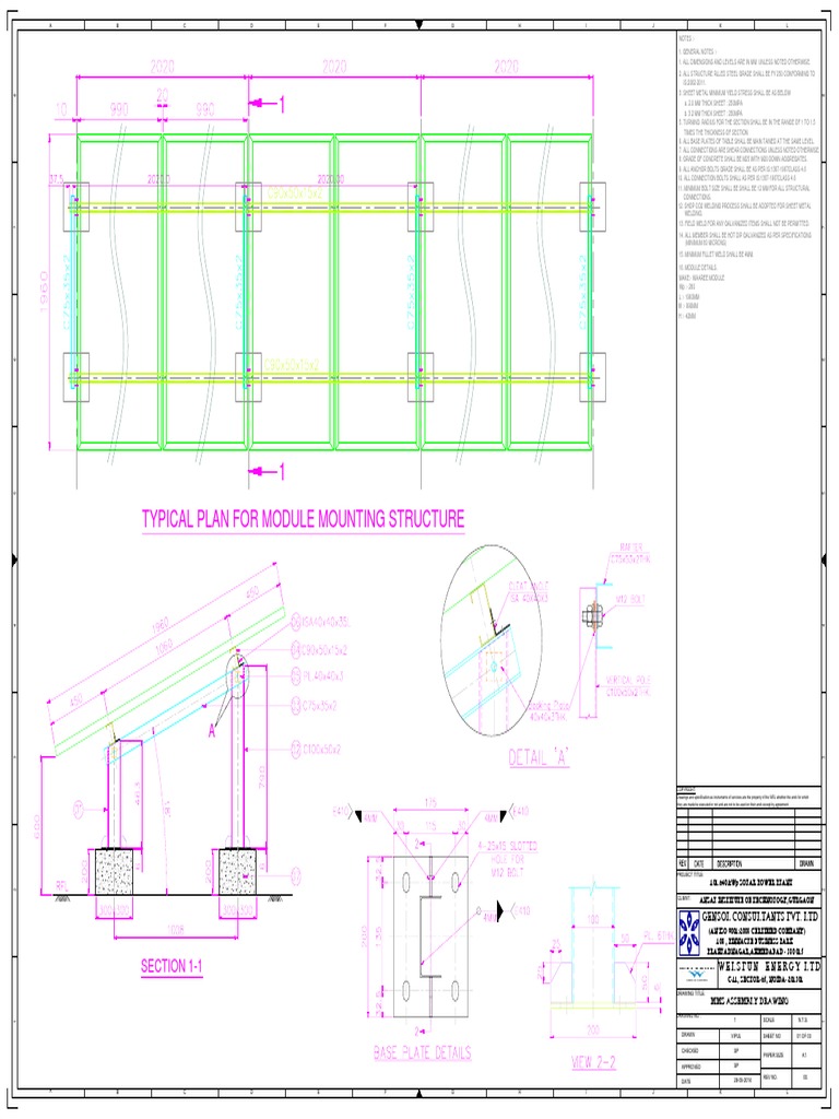 Detail - A Typical Plan For Module Mounting Structure: Section 1-1 ...
