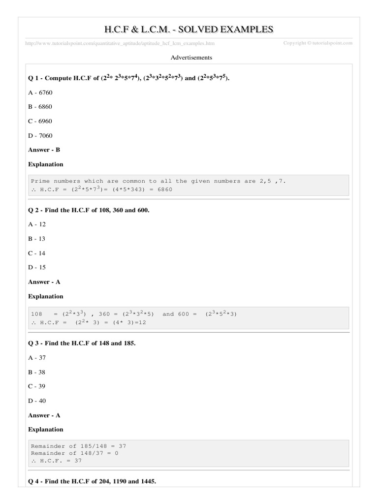 Aptitude HCF LCM Examples | PDF | Numbers | Teaching Mathematics