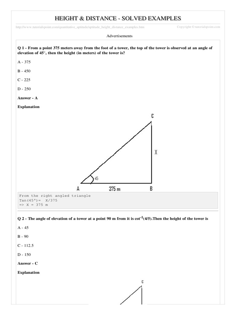 Height & Distance - Solved Examples | PDF | Triangle | Trigonometric ...