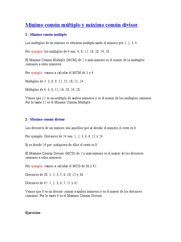 Mínimo Común Múltiplo y Máximo Común Divisor | PDF | Matemática ...