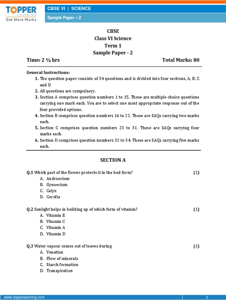 Cbse Class VI Science Term 1 Sample Paper - 2 Time: 2 Hrs Total Marks ...