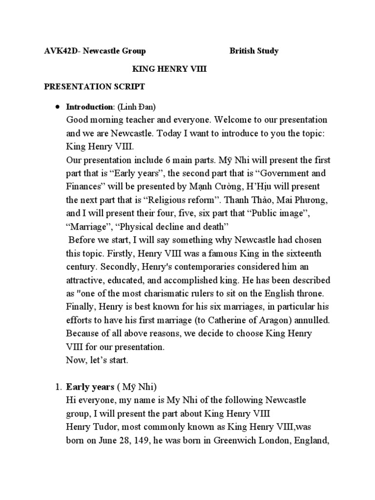 AVK42D-Newcastle Group British Study King Henry Viii Presentation ...