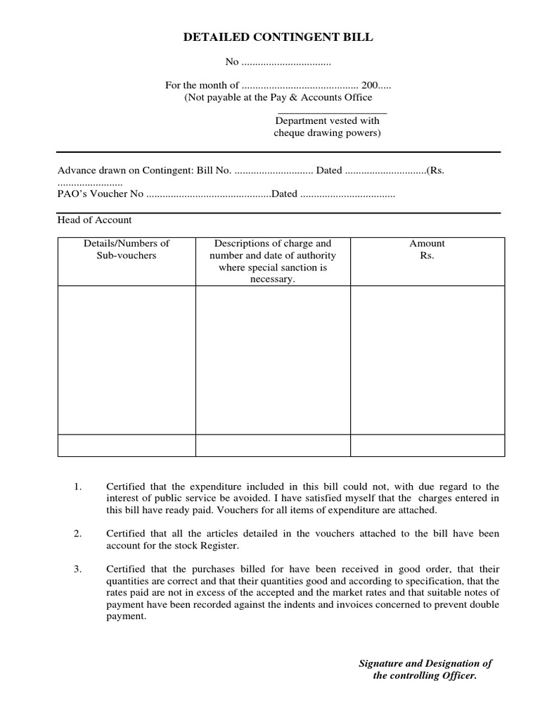 Detailed Contingent Bill: Signature and Designation of The Controlling ...