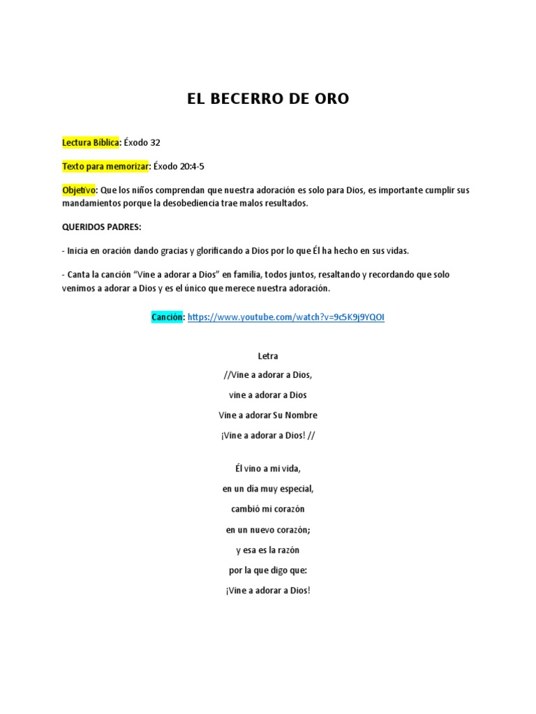 Enseñanza del Becerro de Oro para Niños | PDF | Moisés | Diez Mandamientos