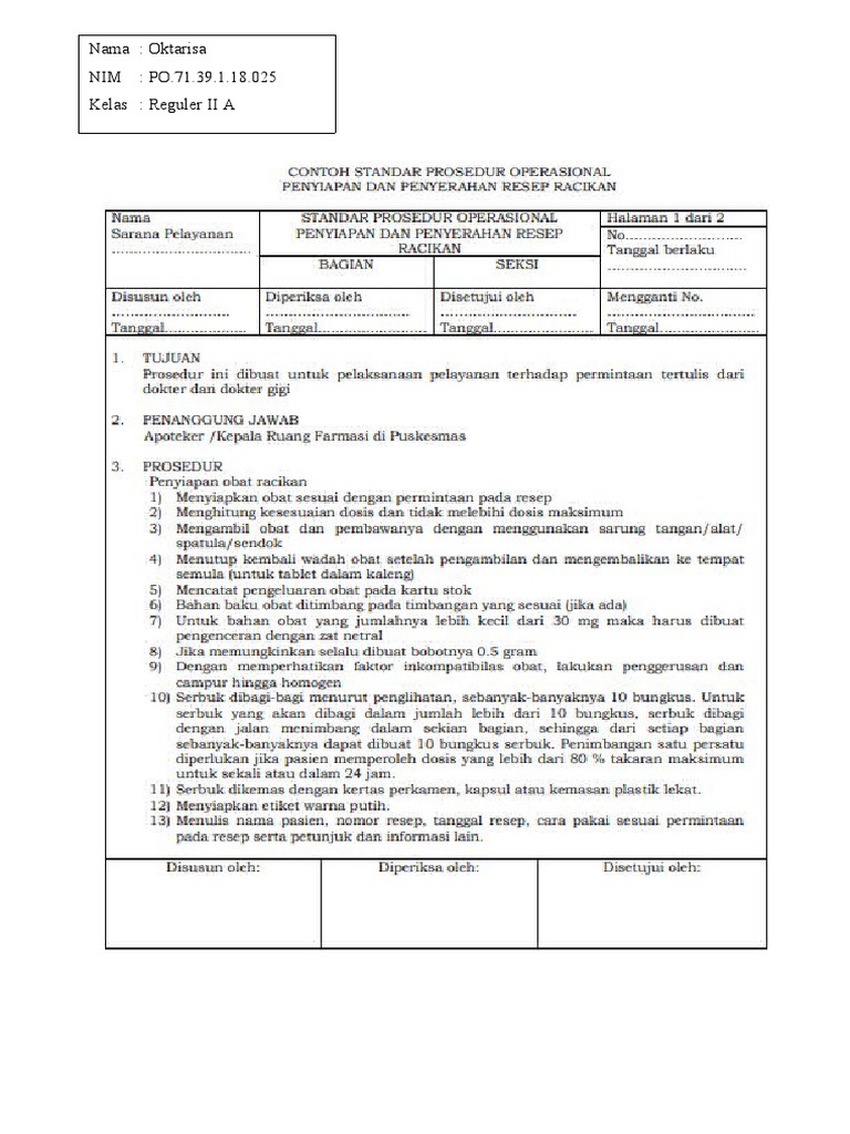 Contoh Standar Prosedur Operasional Penyiapan Dan Penyerahan Resep ...