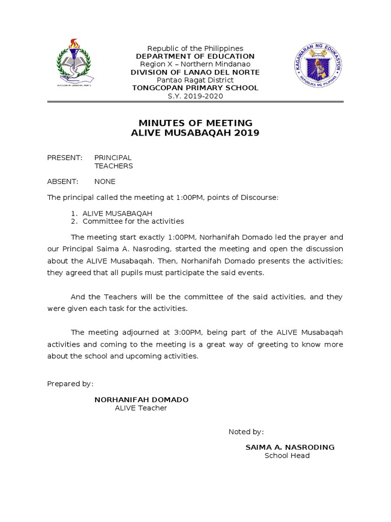 Minutes of Meeting Alive Musabaqah 2019: Department of Education ...