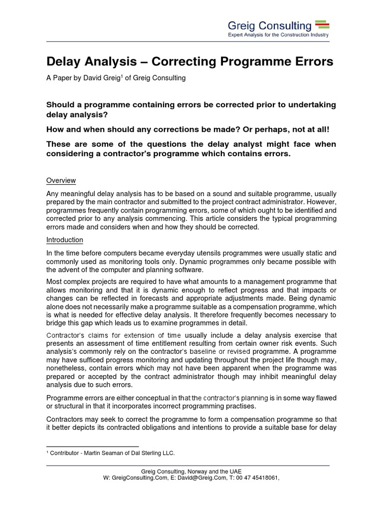 Delay Analysis - Correcting Programme Errors PDF | PDF | Lag | Software Bug
