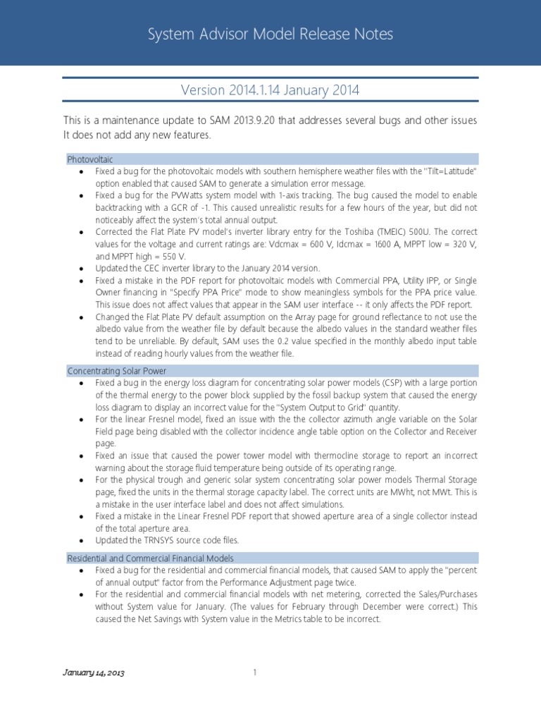 System Advisor Model Release Notes: Version 2014.1.14 January 2014 ...
