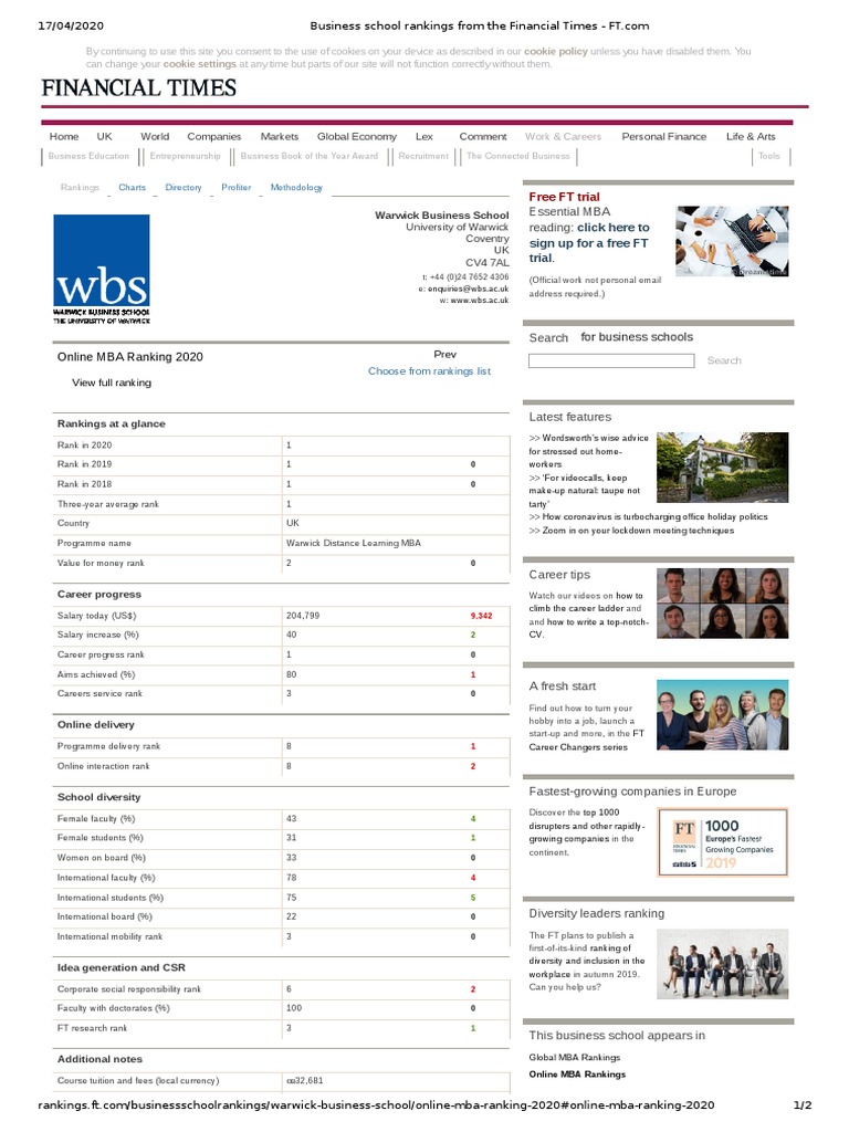 Online MBA Ranking 2020: Warwick Business School | PDF | Financial ...