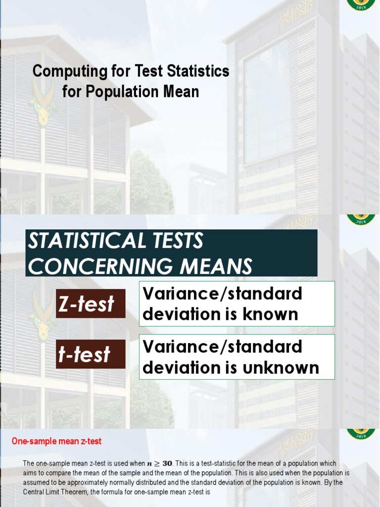 Computing For Test Statistics For Population Mean PDF | PDF | Mean ...
