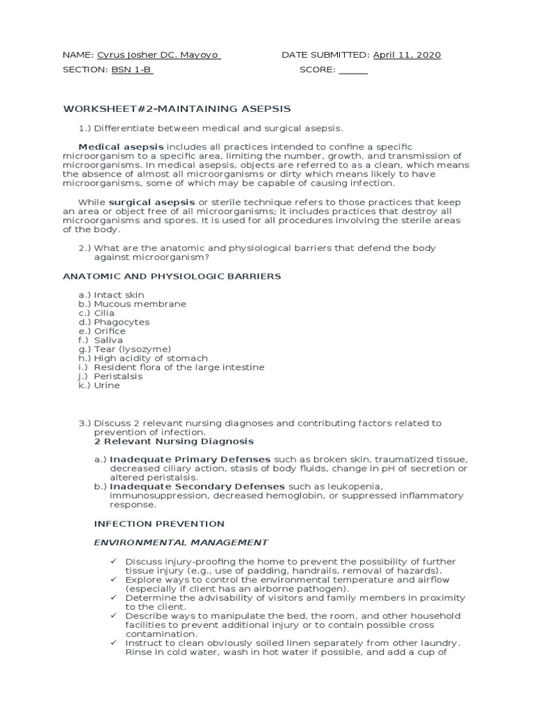 Worksheet#2-Maintaining Asepsis: Medical Asepsis Includes All Practices ...