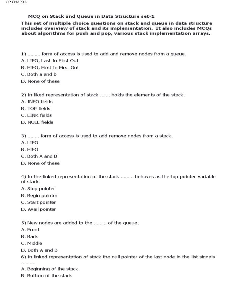 Stack and Queues MCQ | PDF | Queue (Abstract Data Type) | Software Engineering