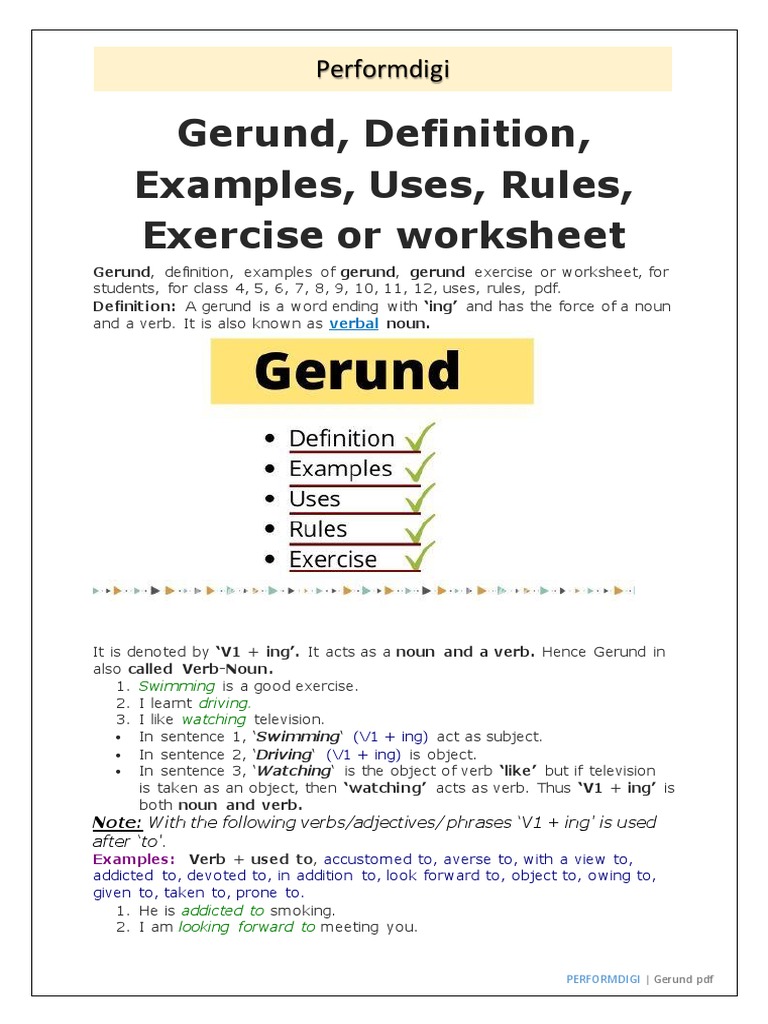 Gerund, Definition, Examples, Uses, Rules, Exercise or Worksheet | PDF ...