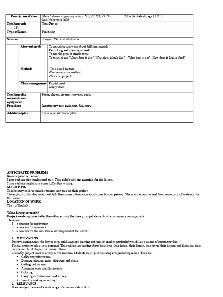 Description of Class Teaching Unit Type of Lesson Sources Aims and ...