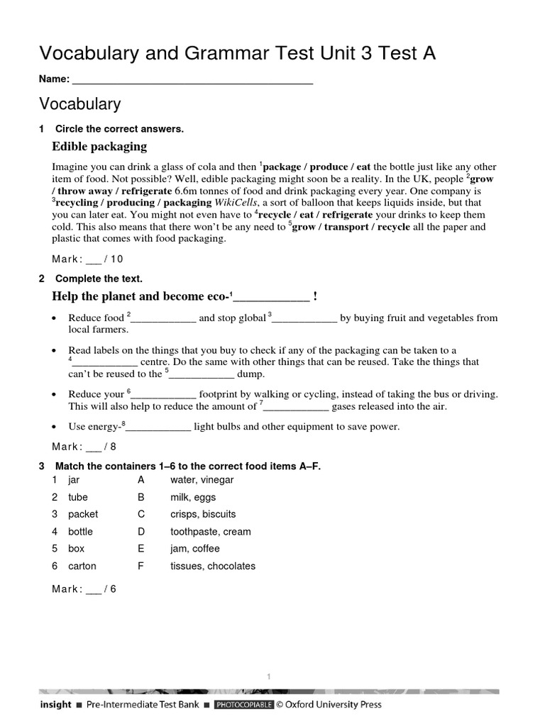 Vocabulary + Grammar Unit 3 Test A | PDF | Popcorn | Foods