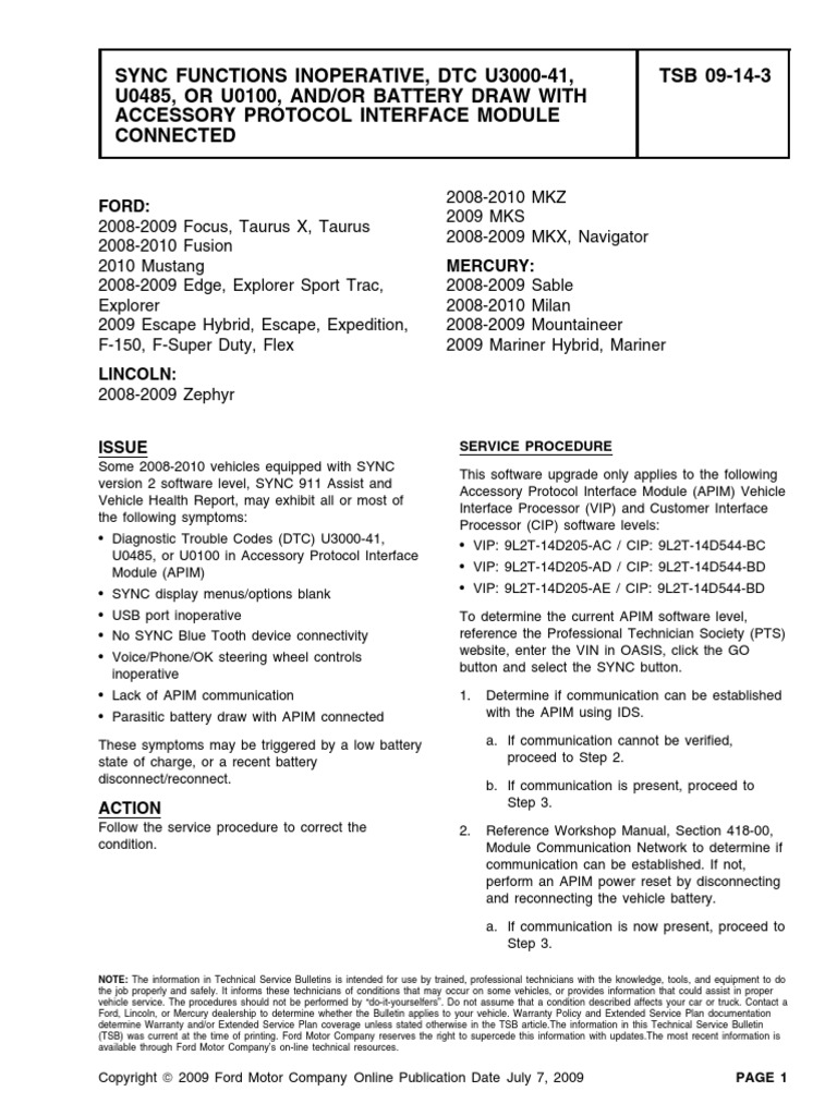 Sync Functions Inoperative, DTC U3000-41, TSB 09-14-3 U0485, or U0100 ...