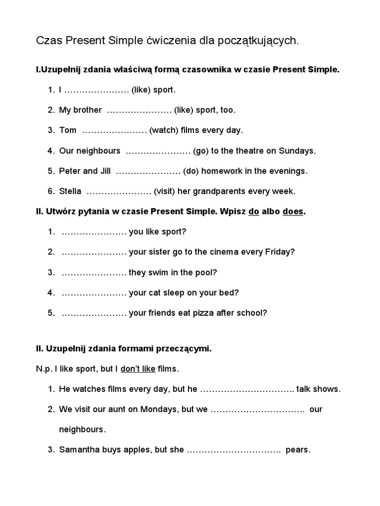 Czas Present Simple Ćwiczenia Dla Początkujących | PDF