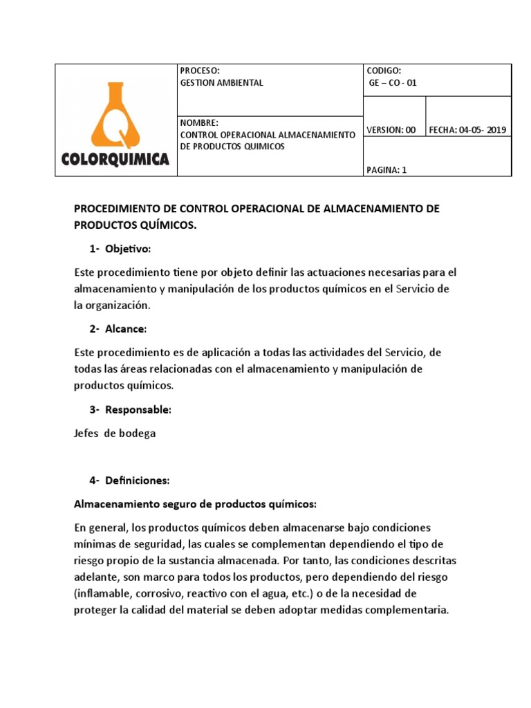 Procedimiento Control Operacional Almecenamiento de Productos Quimicos ...