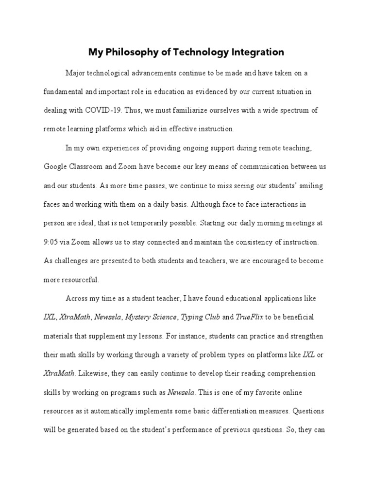 Philosophy - Technology Integration | PDF | Classroom | Teachers