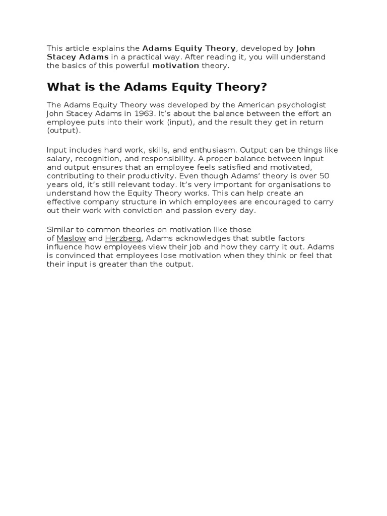 Adams Equity Theory | PDF | Motivation | Motivational