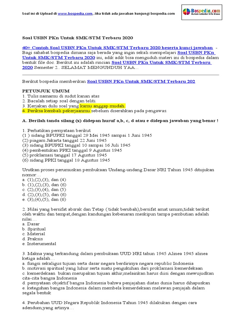40+ Contoh Soal USBN PKN Untuk SMK STM Terbaru 2020 Beserta Kunci Jawaban | PDF | Politik | Ilmu ...