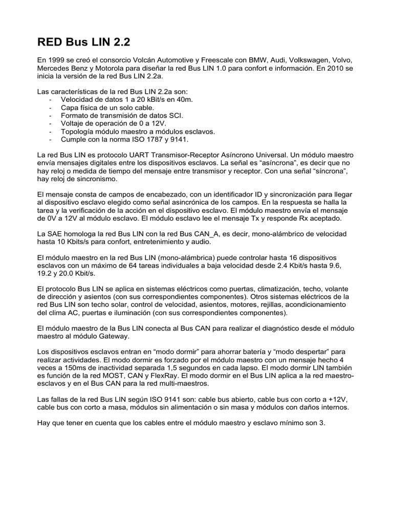 Red Bus LIN 2.2: Protocolo y Características | PDF | Red de ...