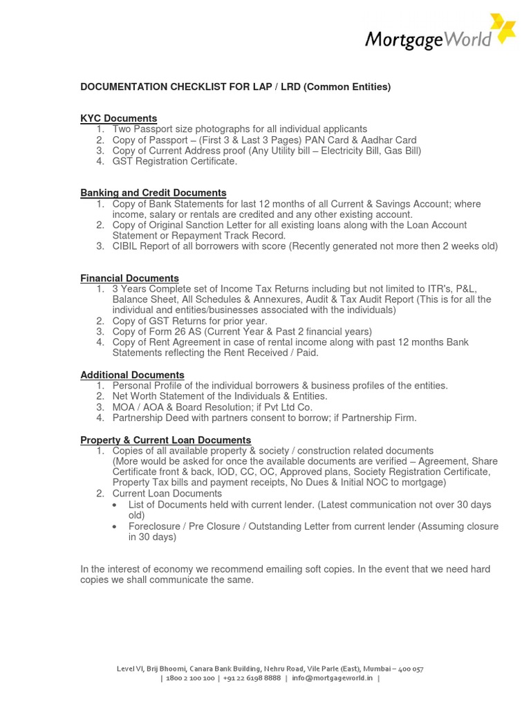 LAP/LRD Documentation Checklist | PDF | Loans | Mortgage Loan