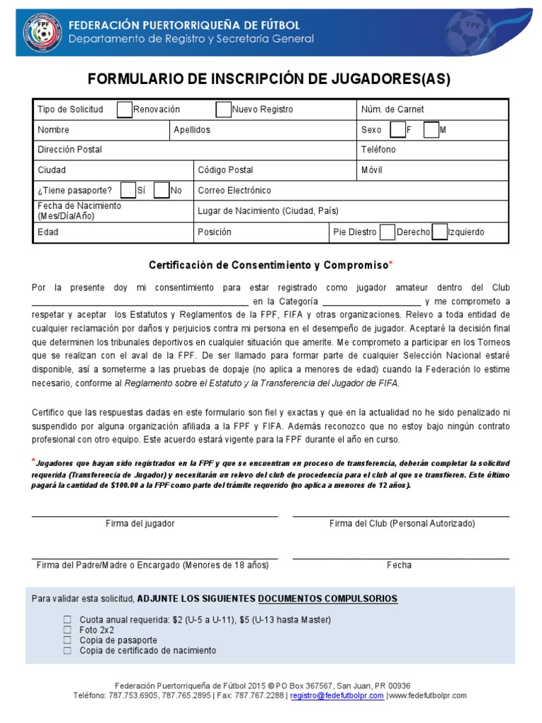 Formulario de Inscripción de Jugadores | PDF | Certificado de ...