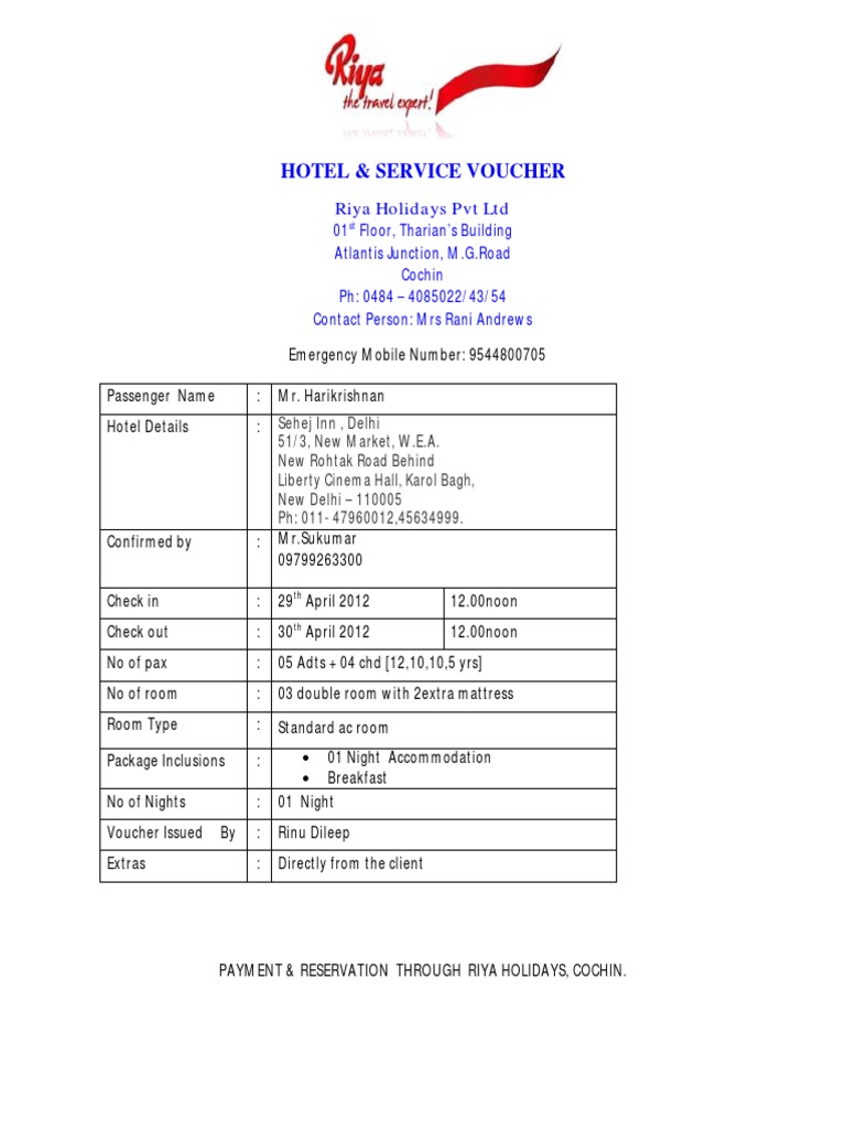 Hotel & Service Voucher: Riya Holidays PVT LTD | PDF | Services ...