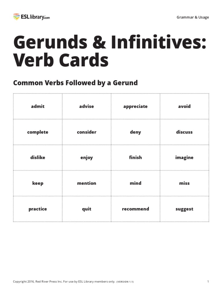 103 - Gerunds and Infinitives Verb Cards - US | PDF