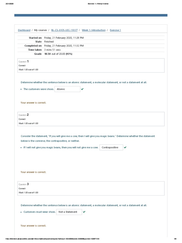 Exercise 1 - Attempt Review | PDF | Syntax (Logic) | Logical Expressions