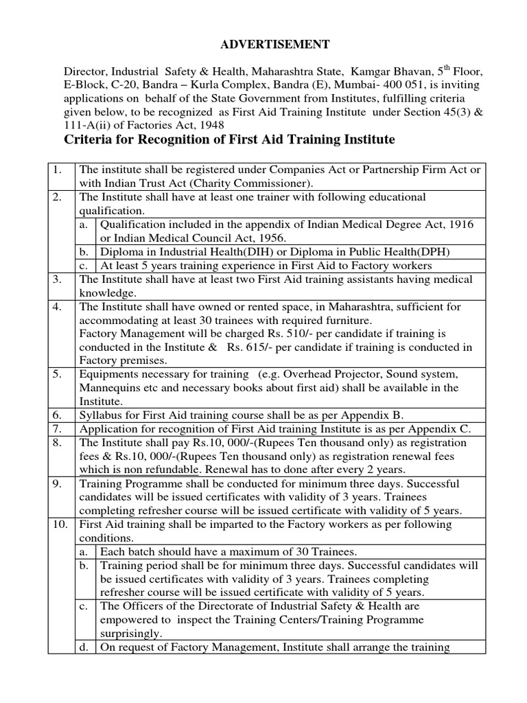 First Aid Training Institute Recognition Criteria | PDF | First Aid ...