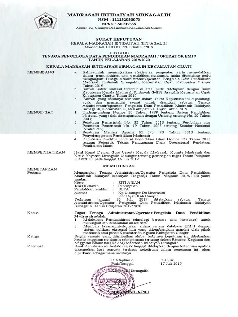 Contoh SK Operator Madrasah | PDF