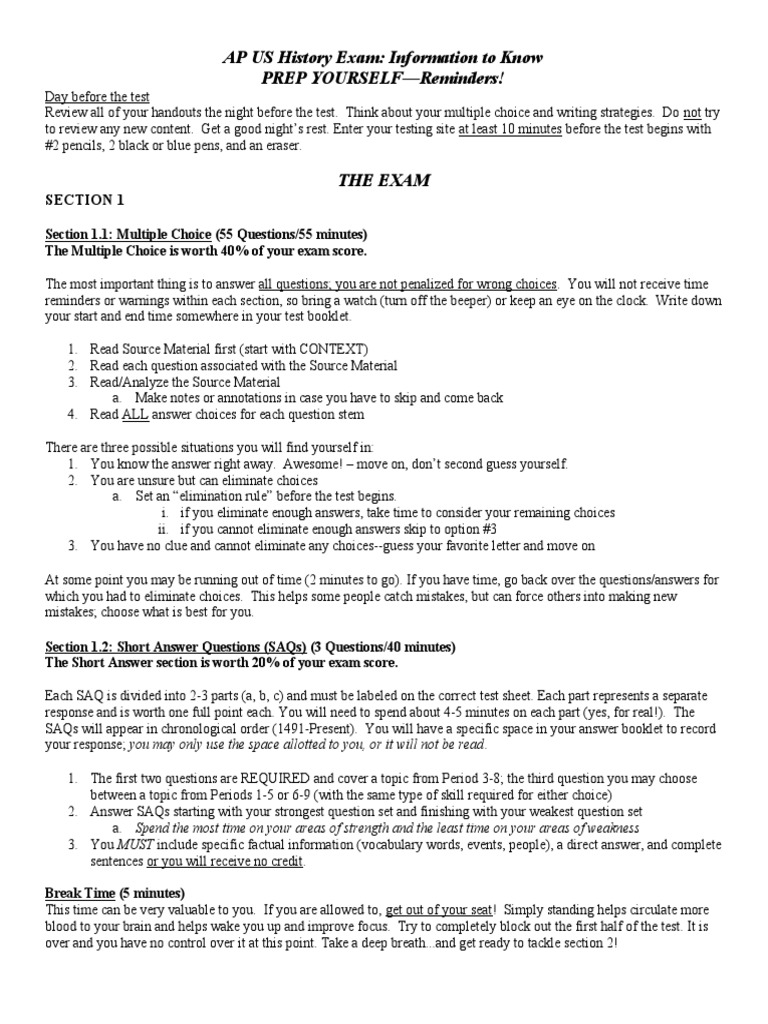 AP US History Exam: Information To Know PREP YOURSELF-Reminders! | PDF ...