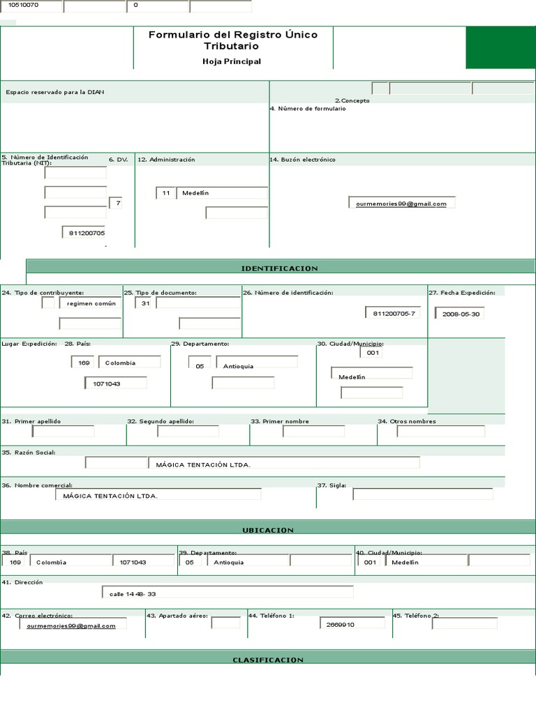 Formulario Del Registro Único Tributario: Hoja Principal | PDF