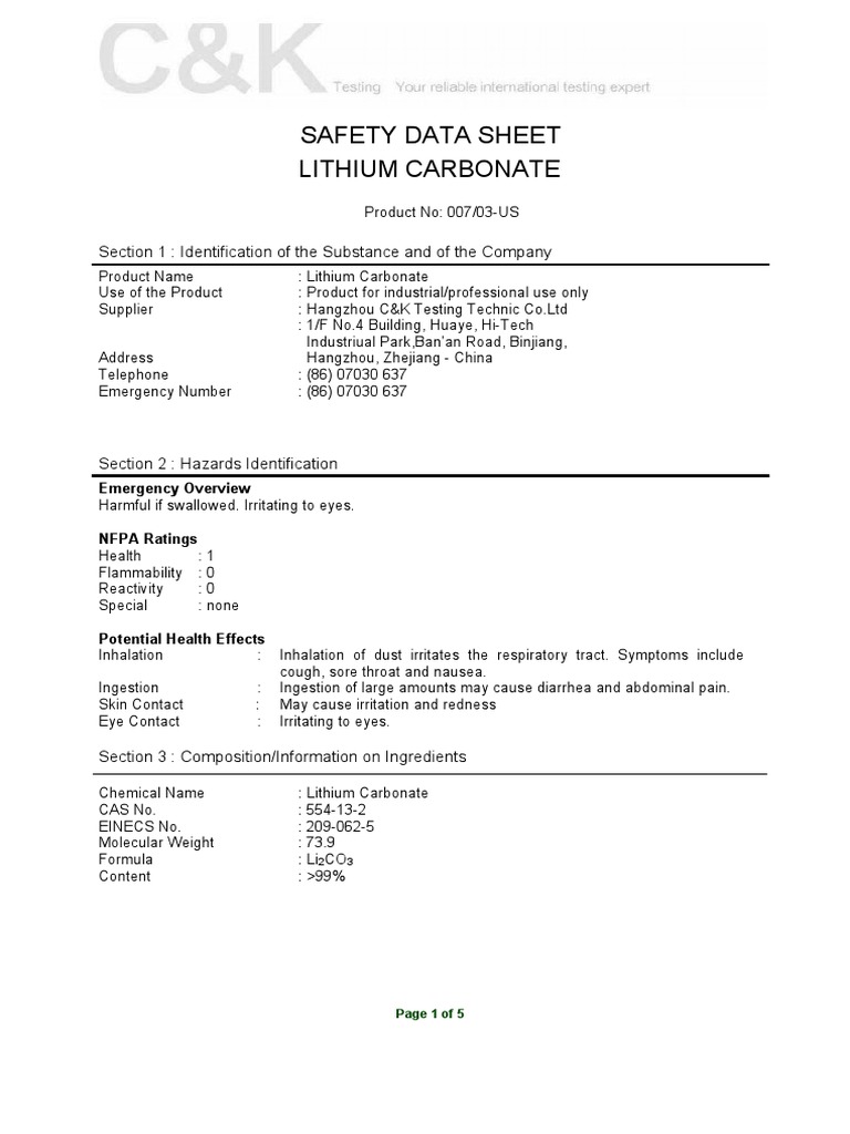 Safety Data Sheet Lithium Carbonate: Section 1: Identification of The ...