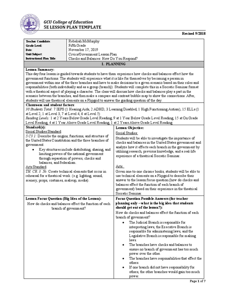 5E Lesson Plan Template: GCU College of Education | PDF | Separation Of ...