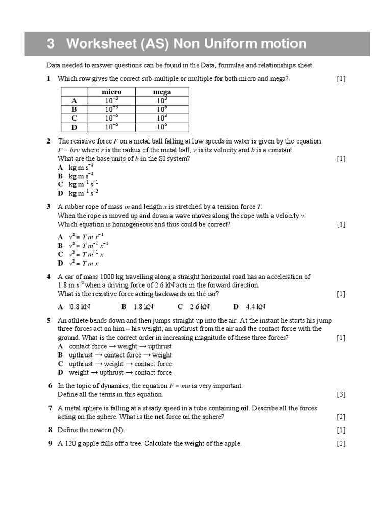 3 Worksheet (AS) Non Uniform Motion: Micro Mega A B C D | PDF | Weight ...