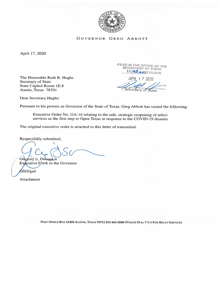 Texas Executive Order GA-16: Reopening Plan | PDF | American Government ...