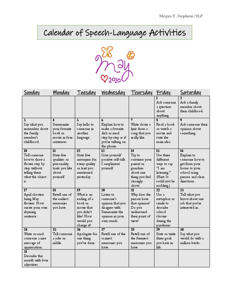 Speech-Language Activity Calendar | PDF