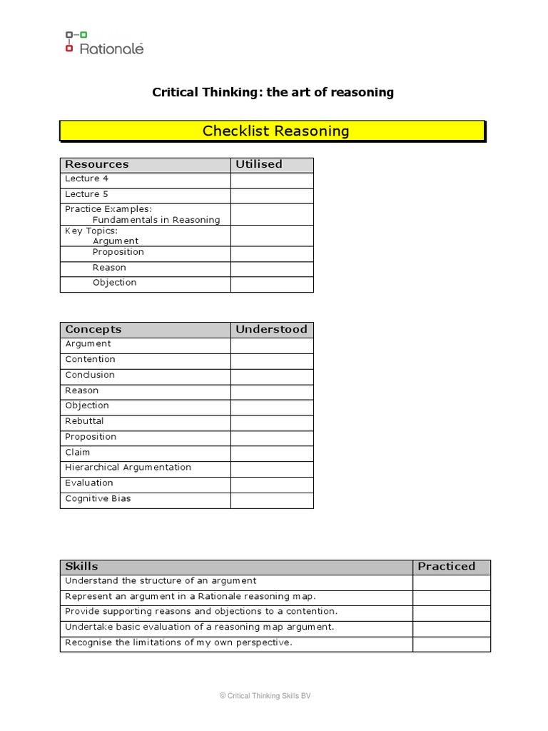 Checklist Reasoning: Critical Thinking: The Art of Reasoning | PDF