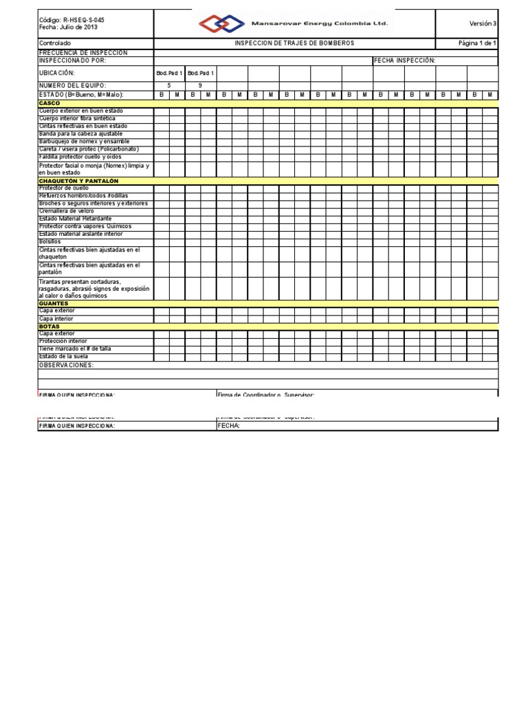 Inspección Trajes de Bomberos PRE | PDF | Productos quimicos | Naturaleza