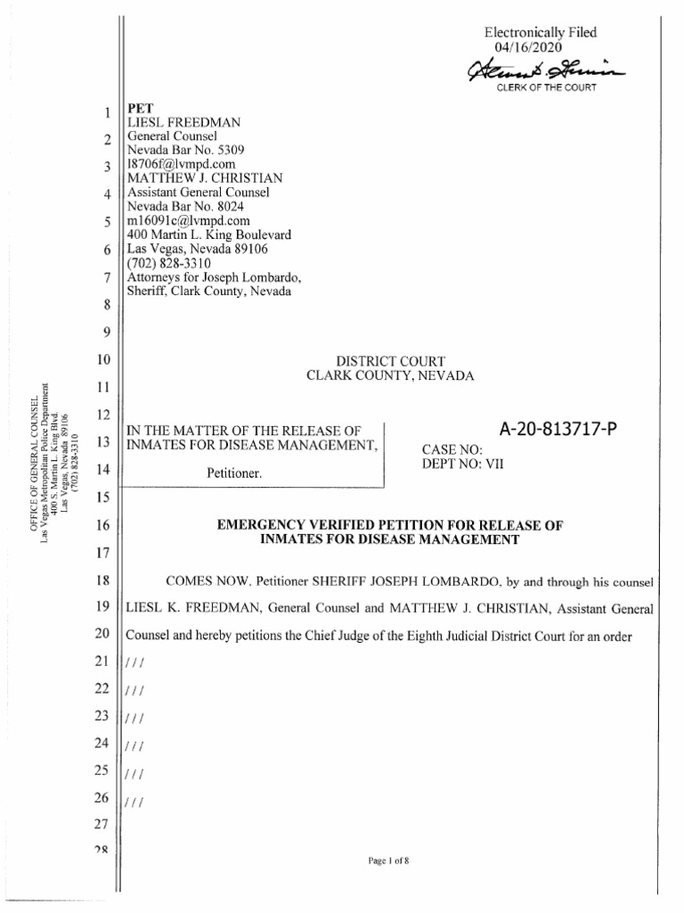 Request To Release Las Vegas Jail Inmates | PDF