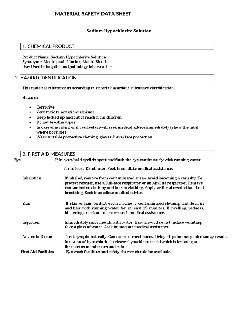 MSDS - Sodium Hypochlorite Solution | PDF | Water | Chemistry