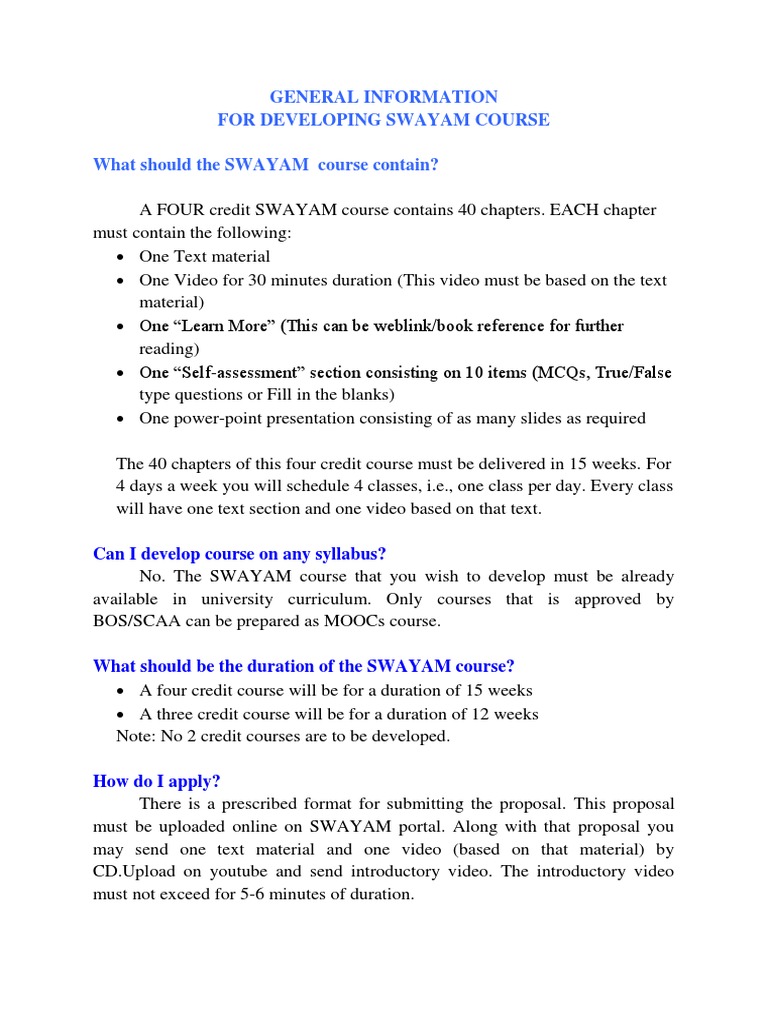 General Information For Developing Swayam Course What Should The SWAYAM ...