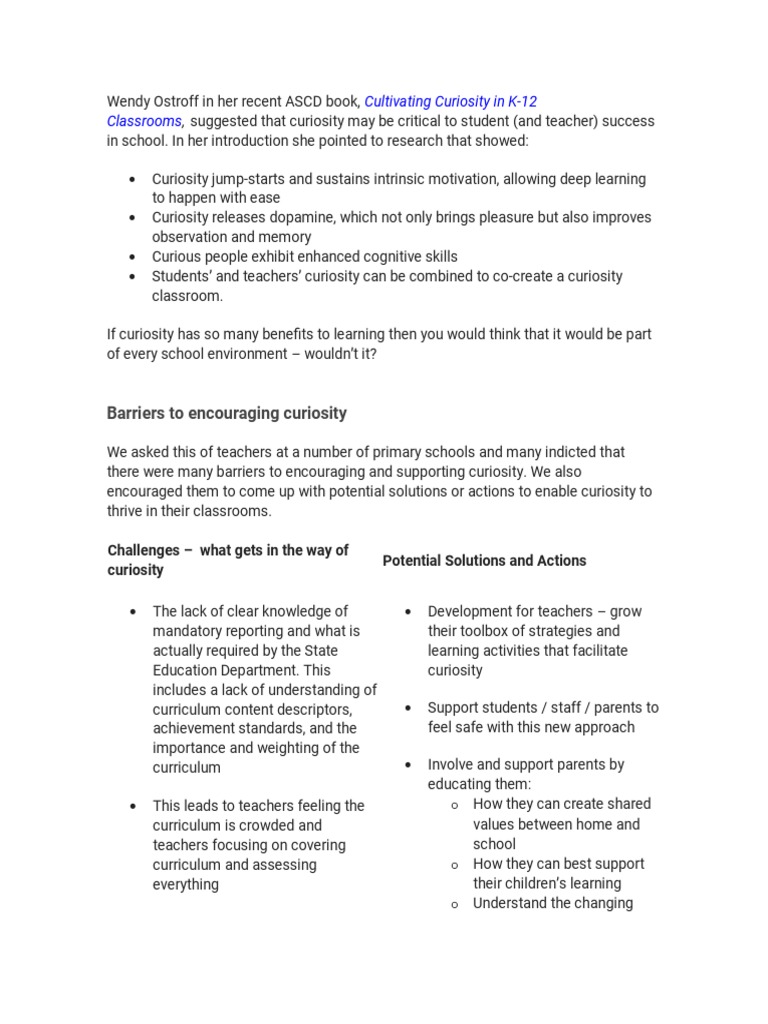 Cultivating Curiosity in K-12 Classrooms:, Suggested That Curiosity May ...