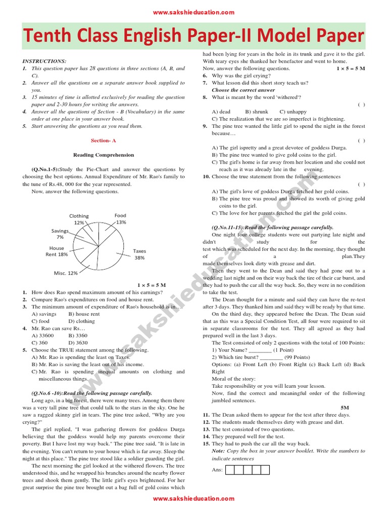 Tenth Class English Paper-II Model Paper: C) - You. Paper and 2-30 ...