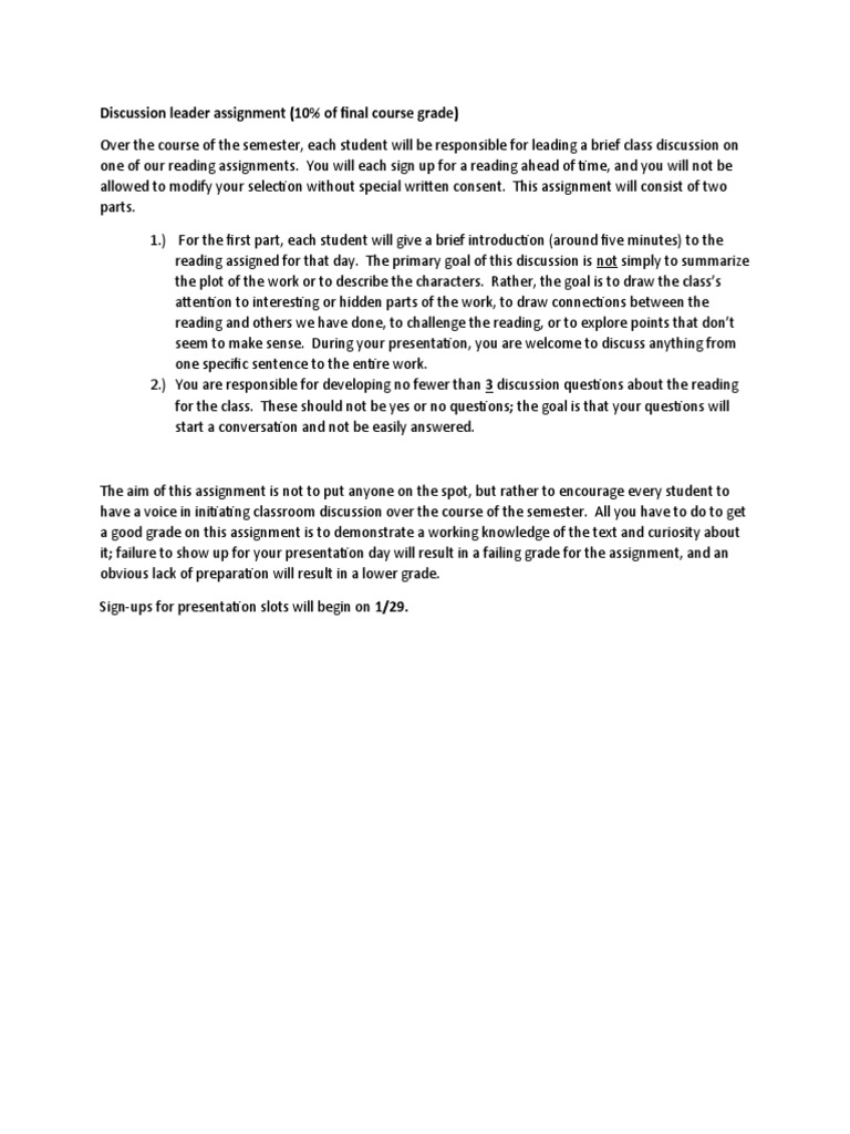 Class Discussion Leader Assignment Guide | PDF