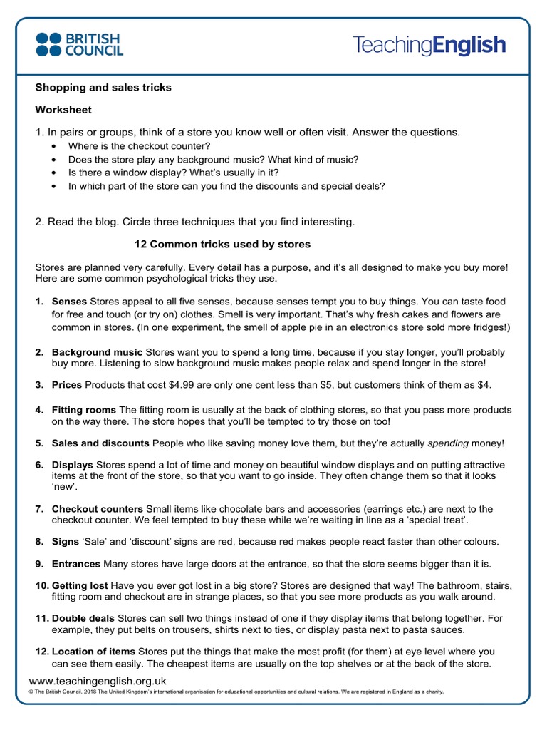 Shopping and Sales Tricks Worksheet | PDF | Point Of Sale | Retail
