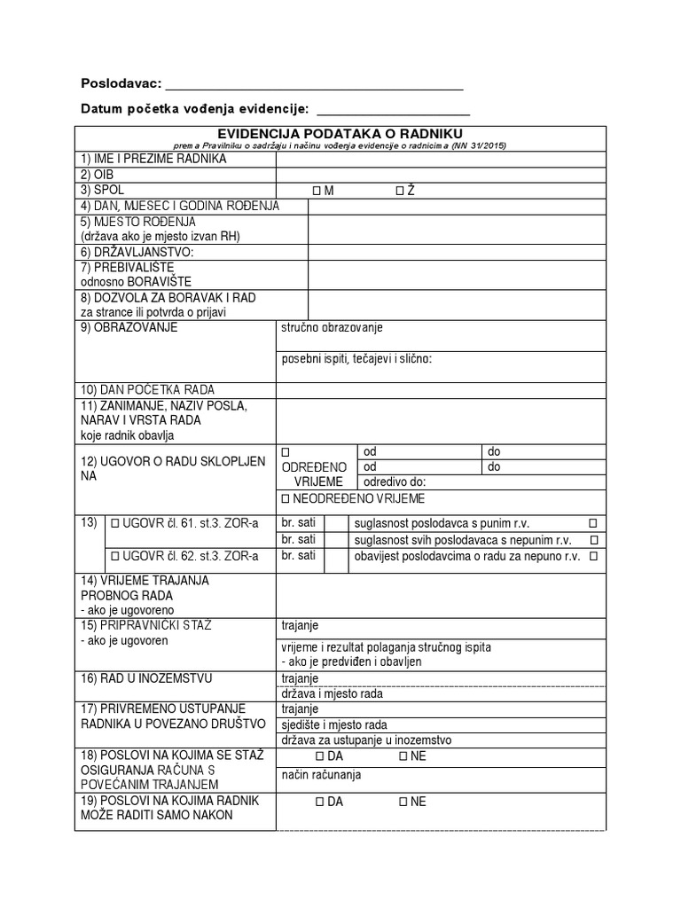 ZOR - Evidencija - Podataka o Radniku PDF | PDF